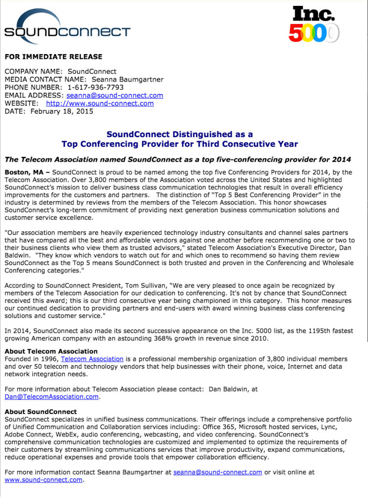 ::NEWS RELEASE:: SoundConnect Distinguished as a Top Conferencing ...
