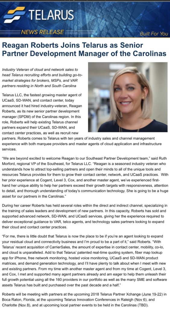 Reagan Roberts Joins Telarus to build the Carolinas | iAgentNetwork
